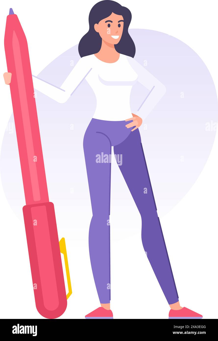 Smiling tiny business woman standing with pen handwriting paperwork ...