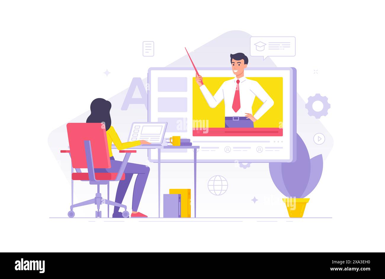 Cartoon characters female having online class with male teacher vector ...