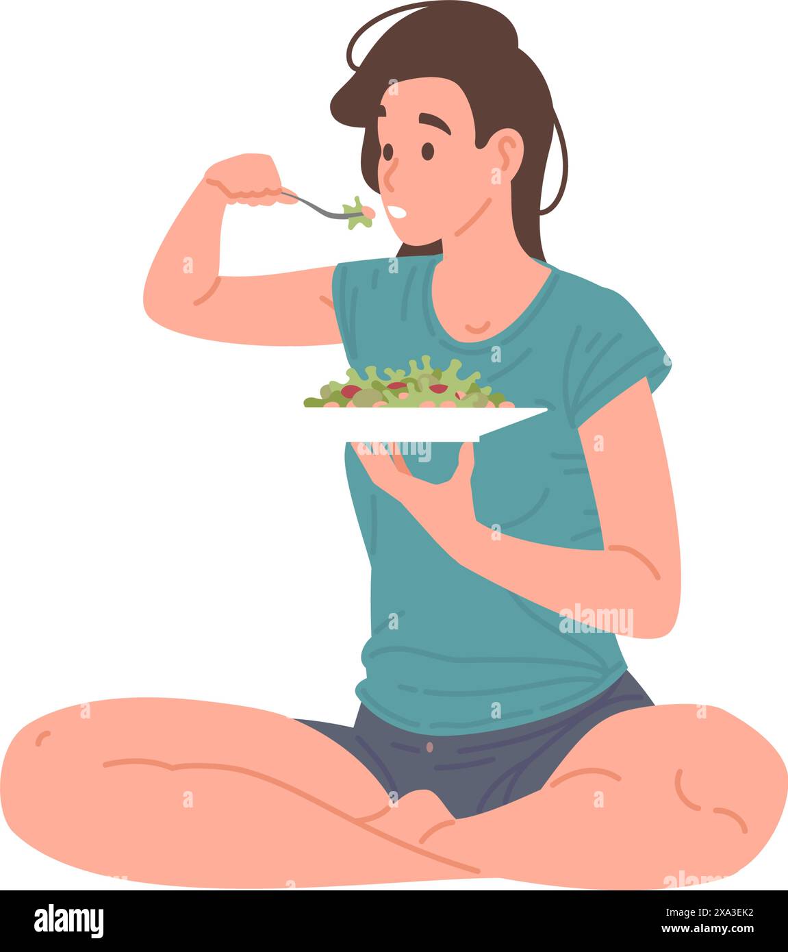 Relaxed domestic woman eating fresh healthy salad sitting in lotus ...