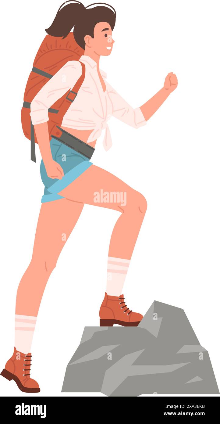 Active smiling woman hiker with backpack climbing on cliff rock vector ...