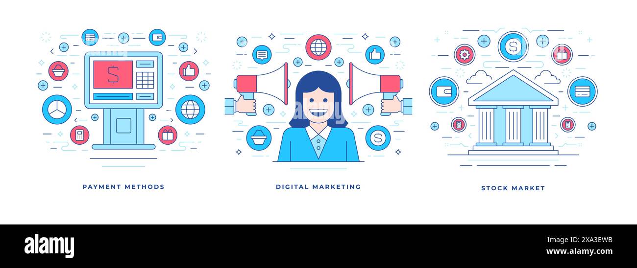 Set of vector illustrations of flat line banners designs with colorful ...