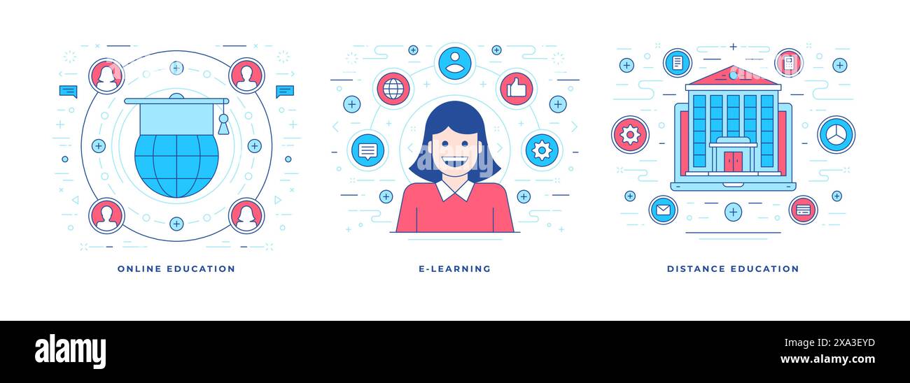 Set of vector illustrations of flat line banners with graphic icons for ...