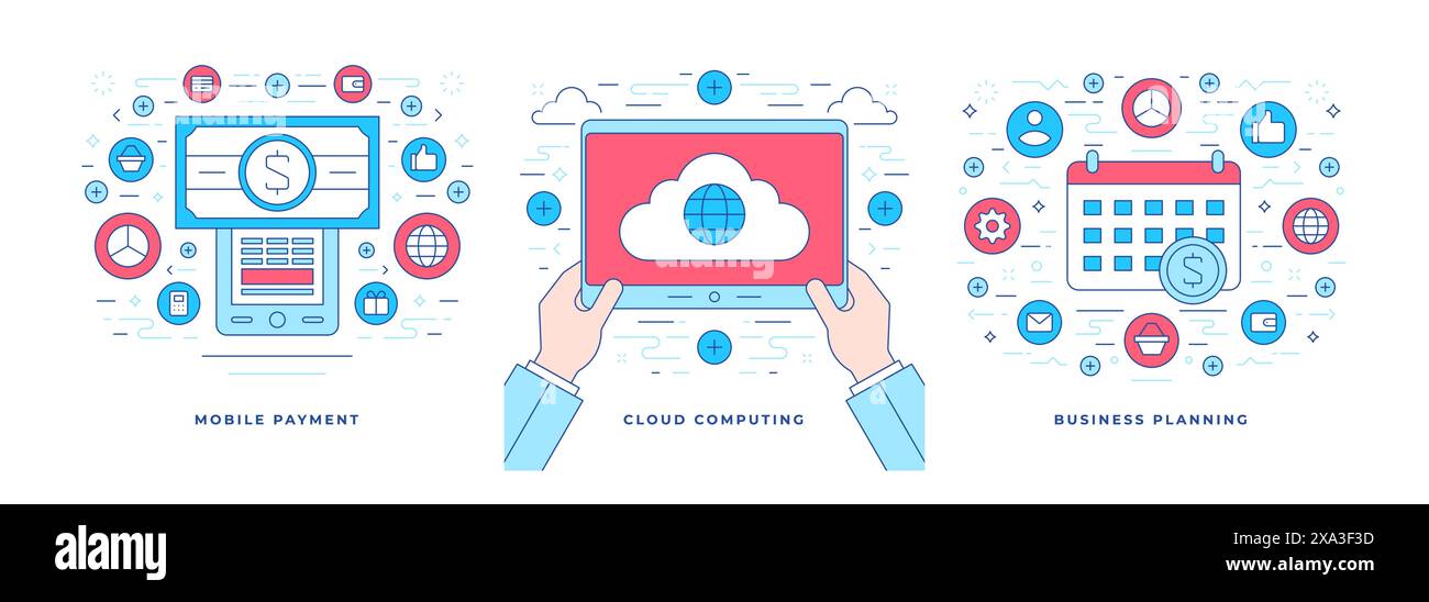 Set of vector illustrations flat line banners with colorful graphic ...