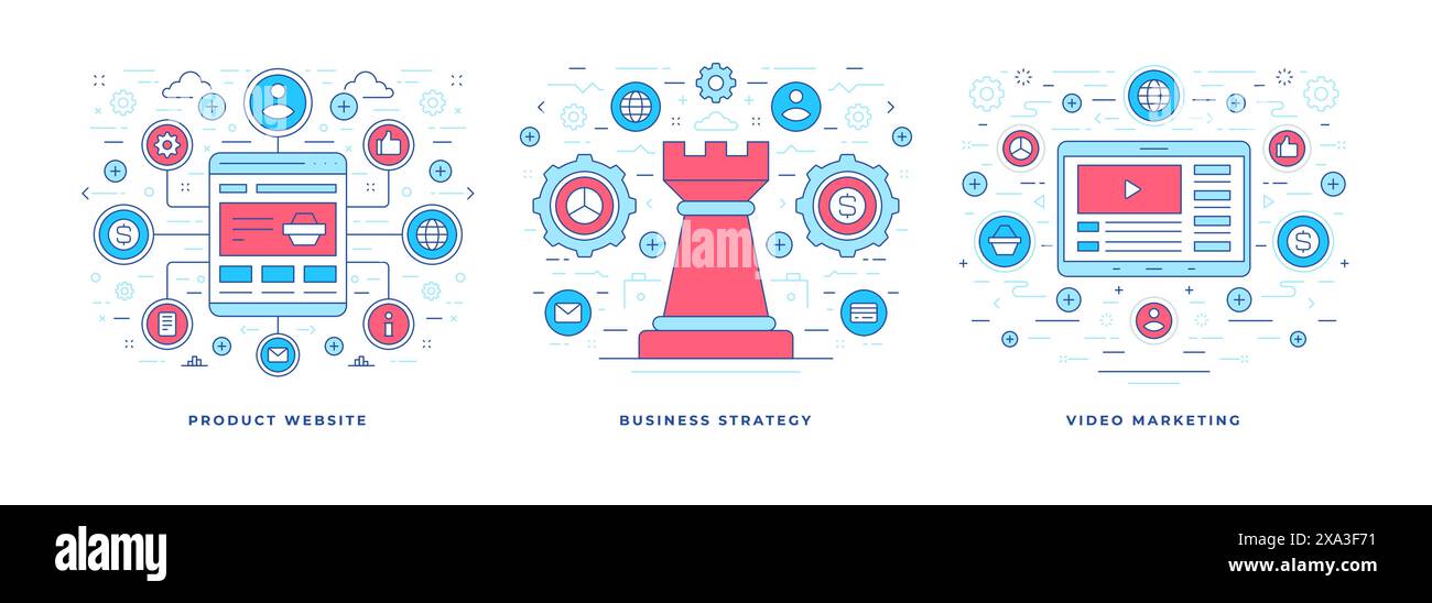 Set of vector illustrations line flat designs of banners with colorful ...