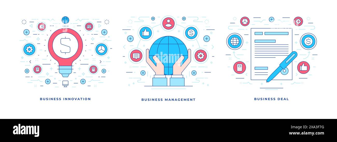 Set of vector illustrations of flat line banners with icons ...