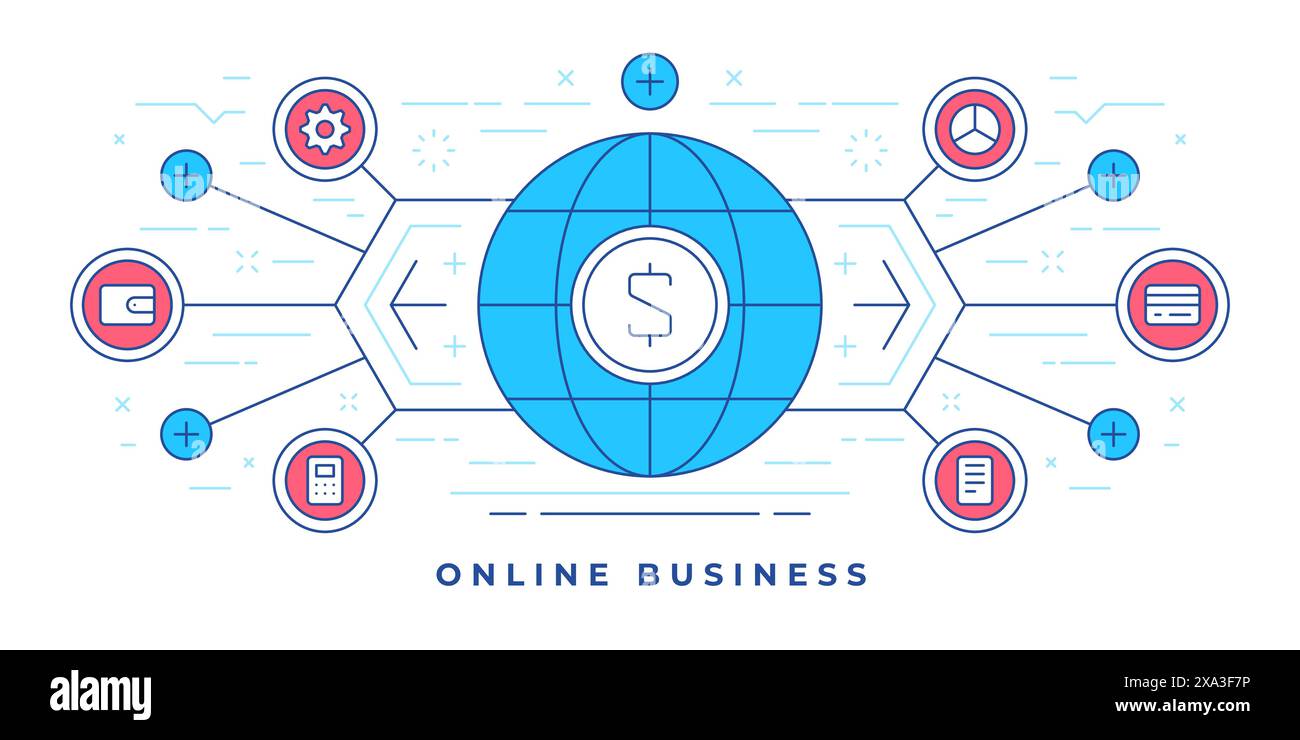 Vector illustration of flat line banner with globe and money colorful ...