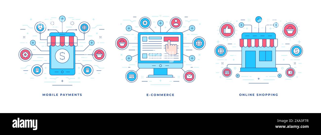 Set of vector illustrations flat linear banners with graphic icons ...