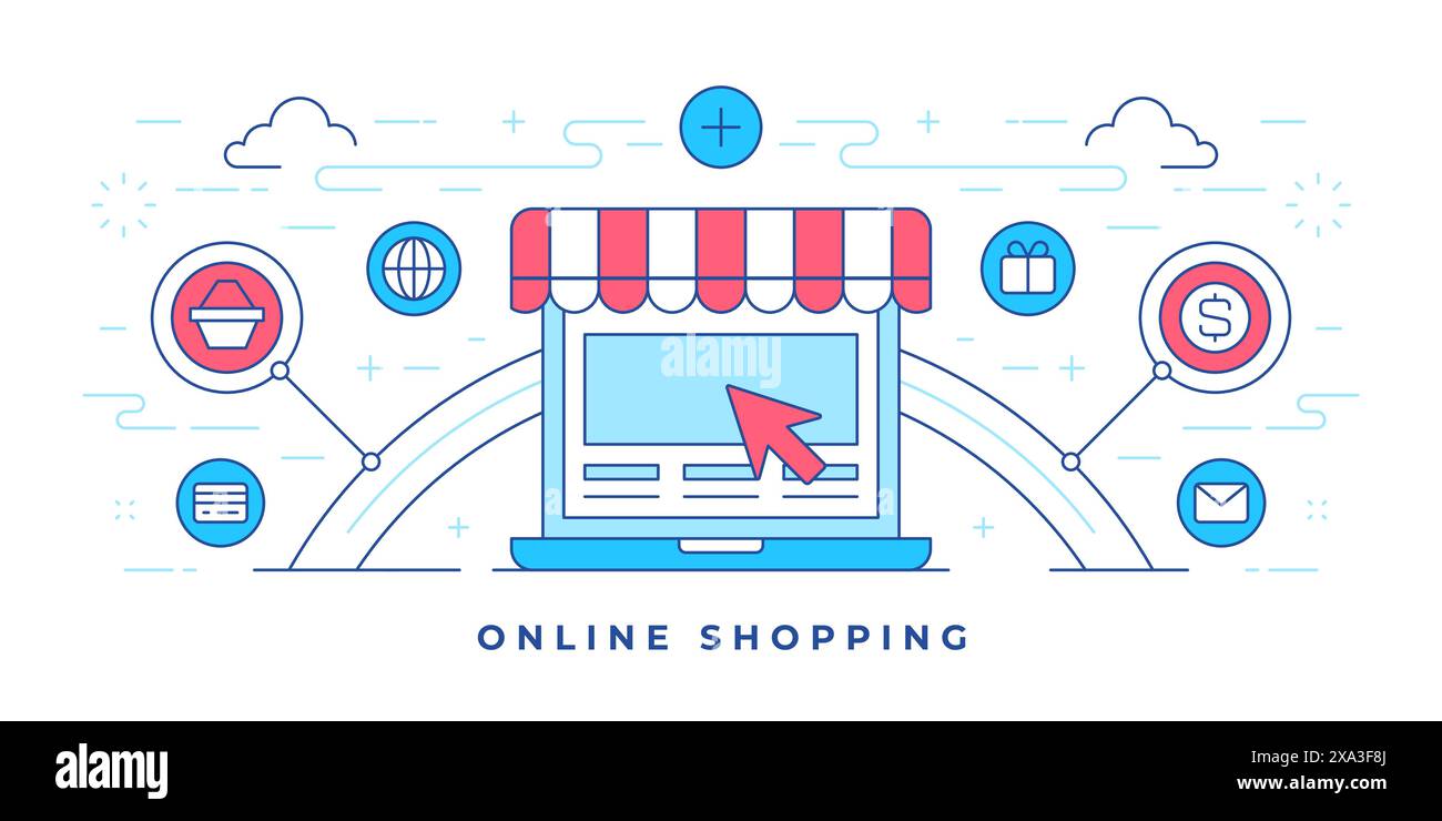 Vector illustration of flat line banner with graphic icons around store ...