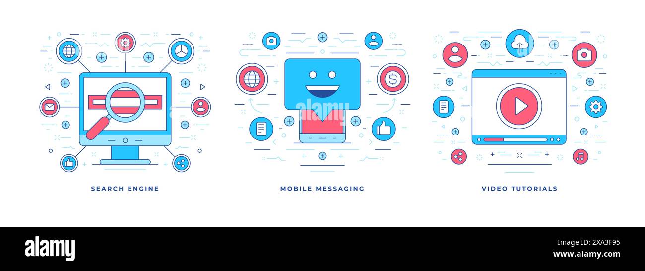 Set of vector illustrations flat line banner with graphic icons created ...