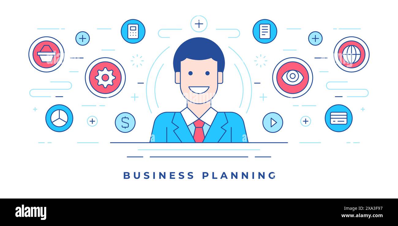 Vector illustration of flat line banner with graphic icons around happy ...