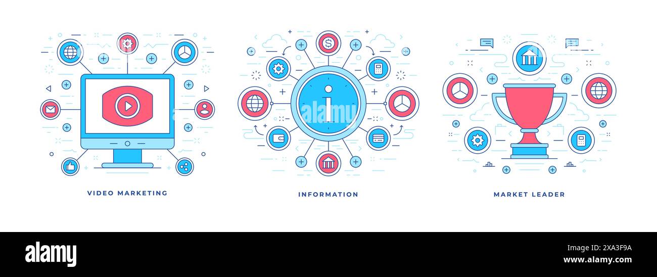 Set of vector illustrations line flat banners with graphic icons ...