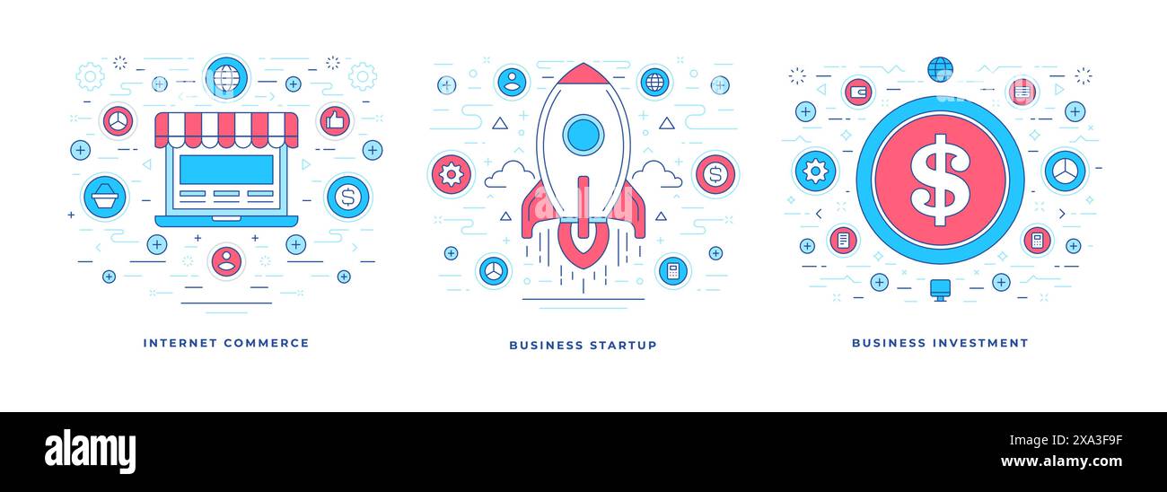 Set of vector illustrations of flat line banners with icons designed ...