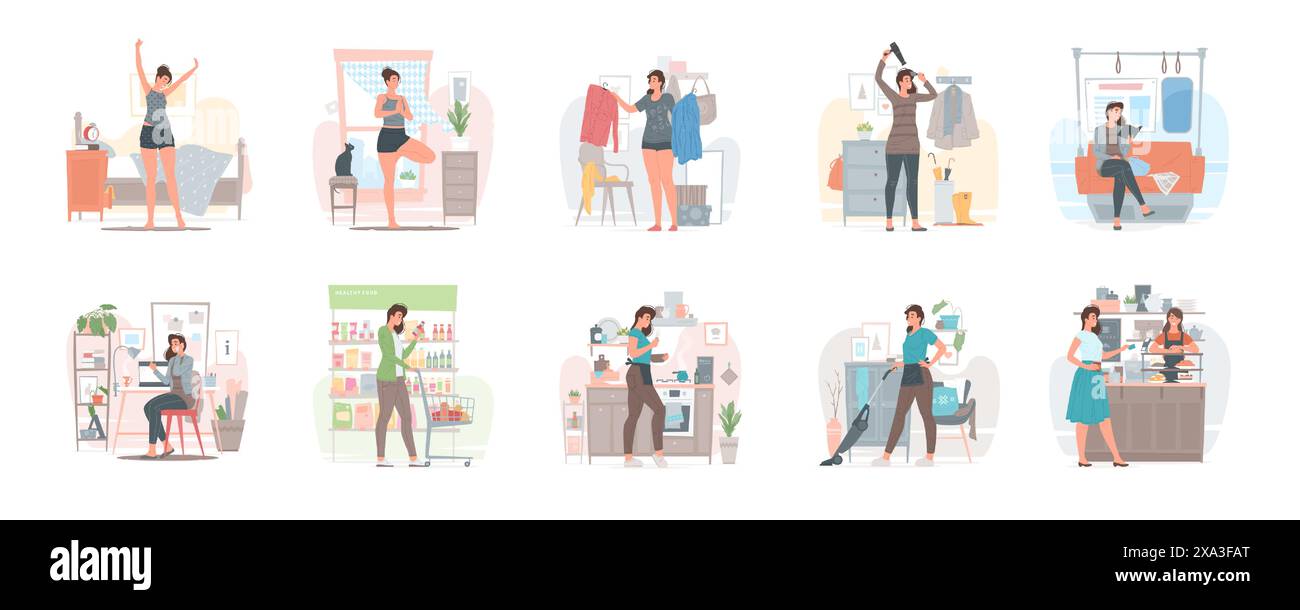 Set of cartoon vector illustrations of contemporary young female doing ...