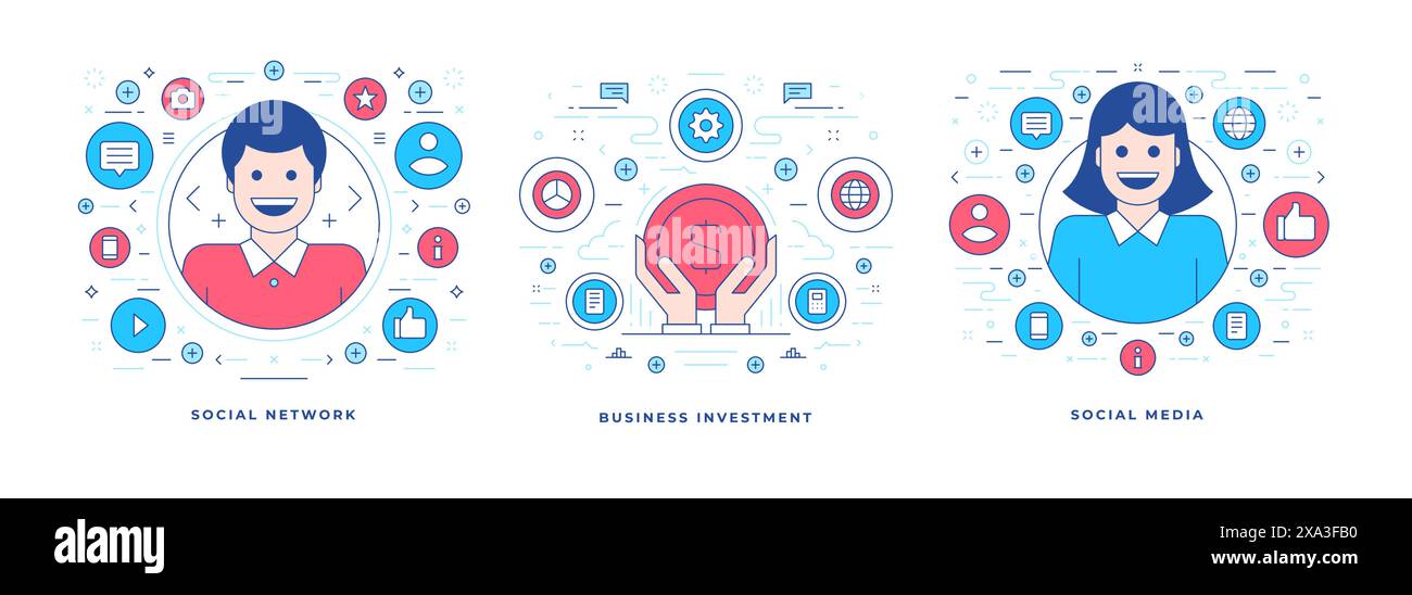 Set of vector illustrations flat line banners with icons for business ...