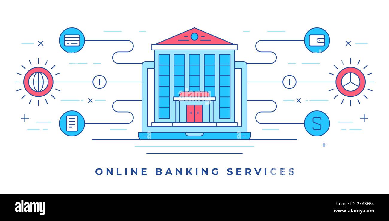 Vector illustration of line flat banner with building on smartphone and ...