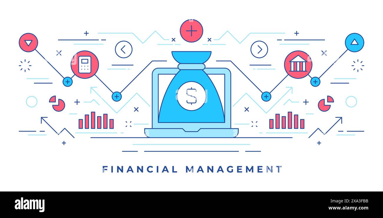 Vector illustration of flat line banner with money bag on laptop and ...