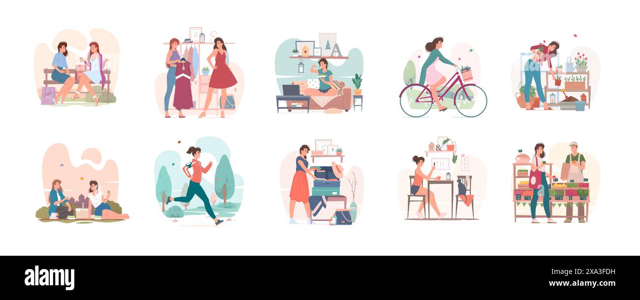 Set of vector illustrations showing everyday life of young contemporary ...