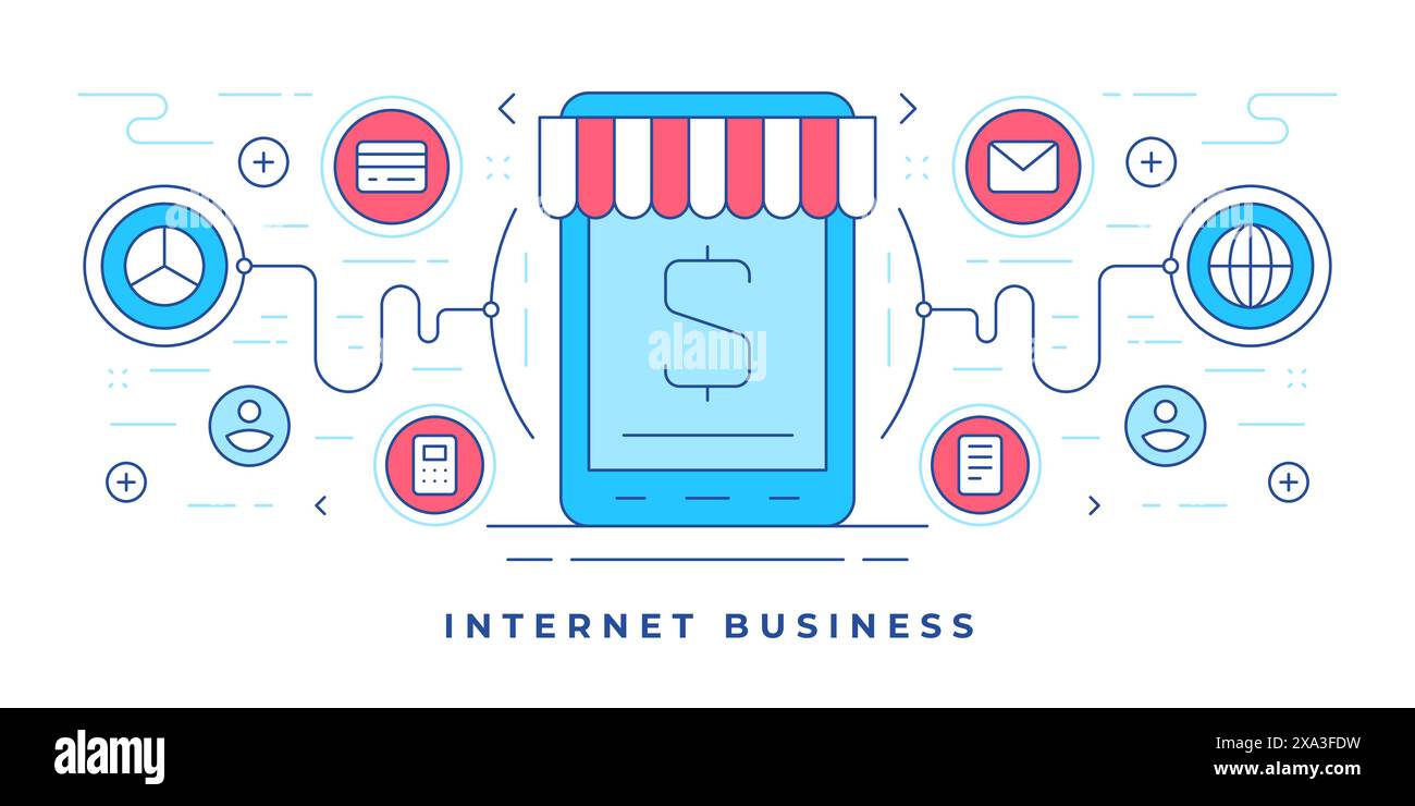 Vector illustration of flat line banner with graphic icons surrounding ...