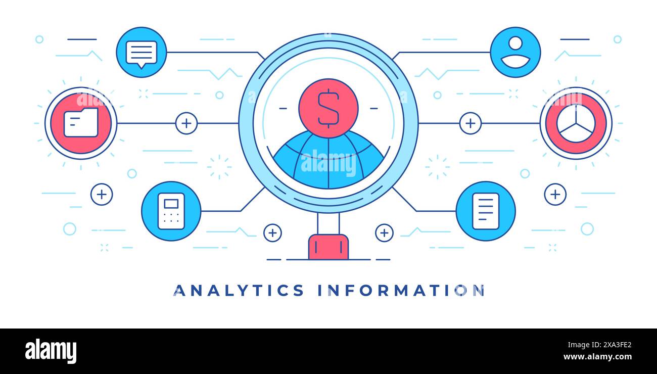 Vector illustration of line flat banner with icons around globe and ...