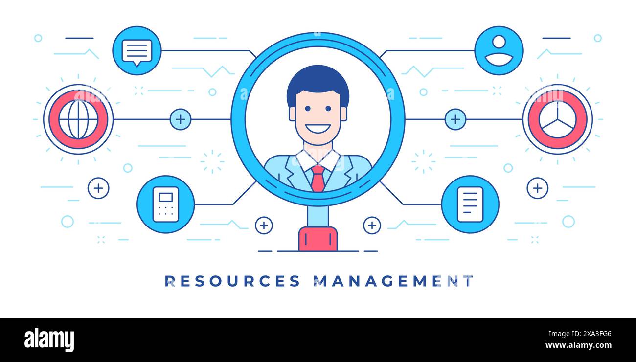 Vector illustration of flat line banner with icons around magnifying ...