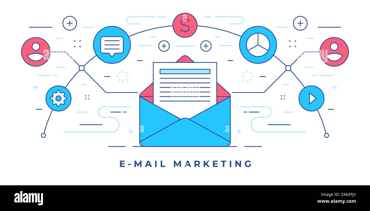 Vector illustration of flat line banner with letter in envelope and ...