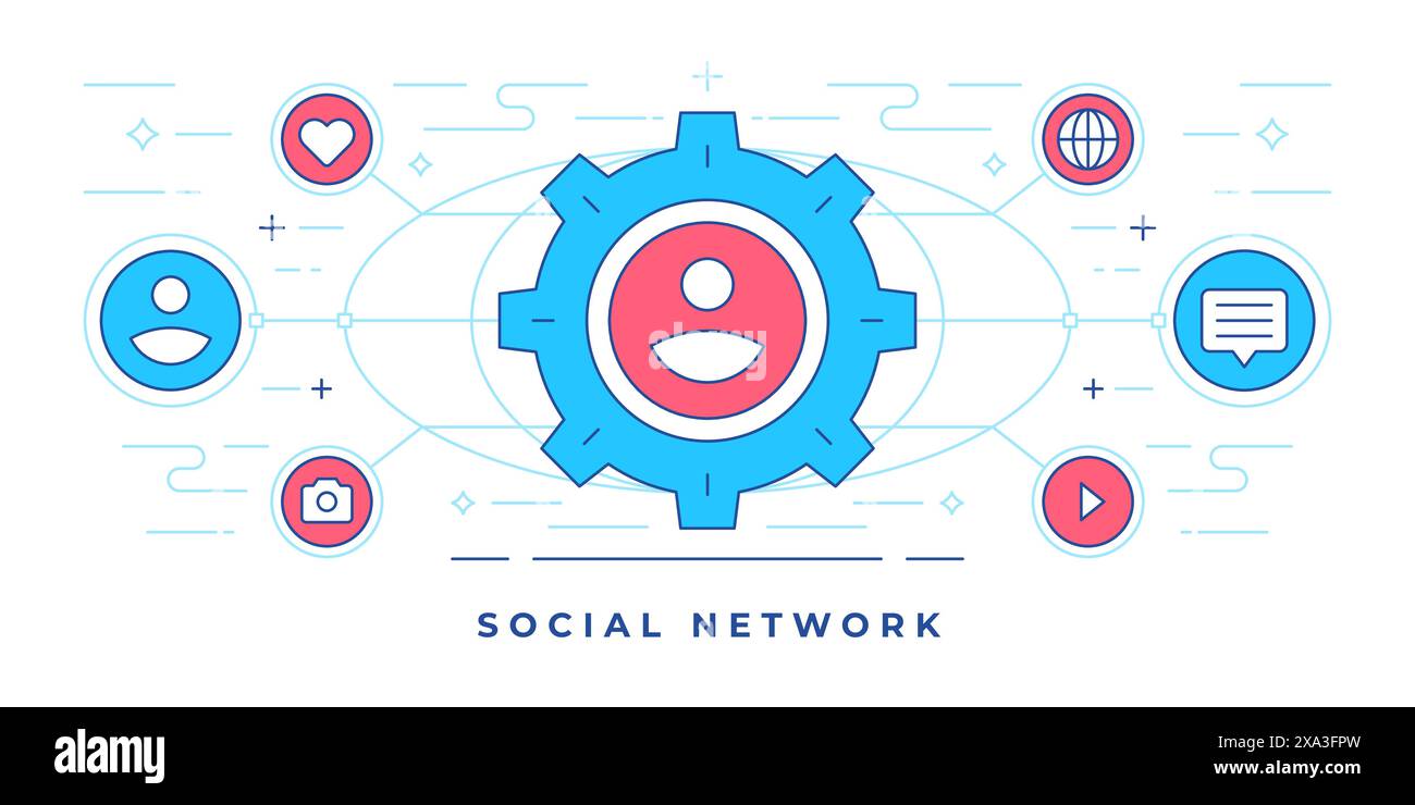 Vector illustration of line flat banner with colorful graphic icons ...