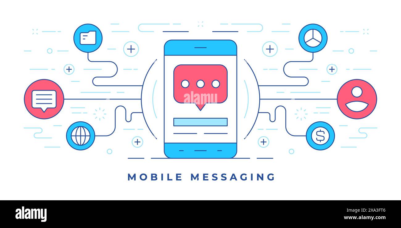 Vector illustration of flat line banner with icons around modern ...