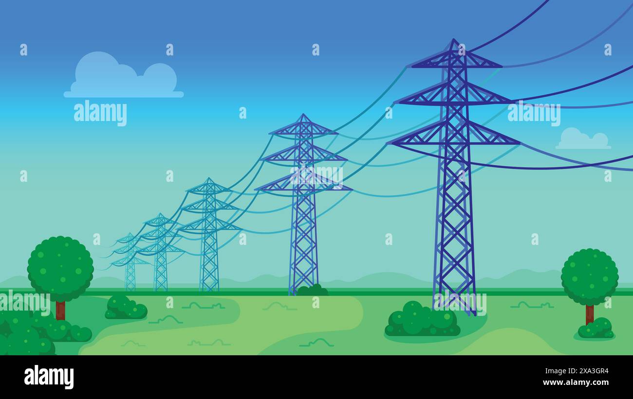 Transmission power lines with beautiful landscape. electric towers in a ...