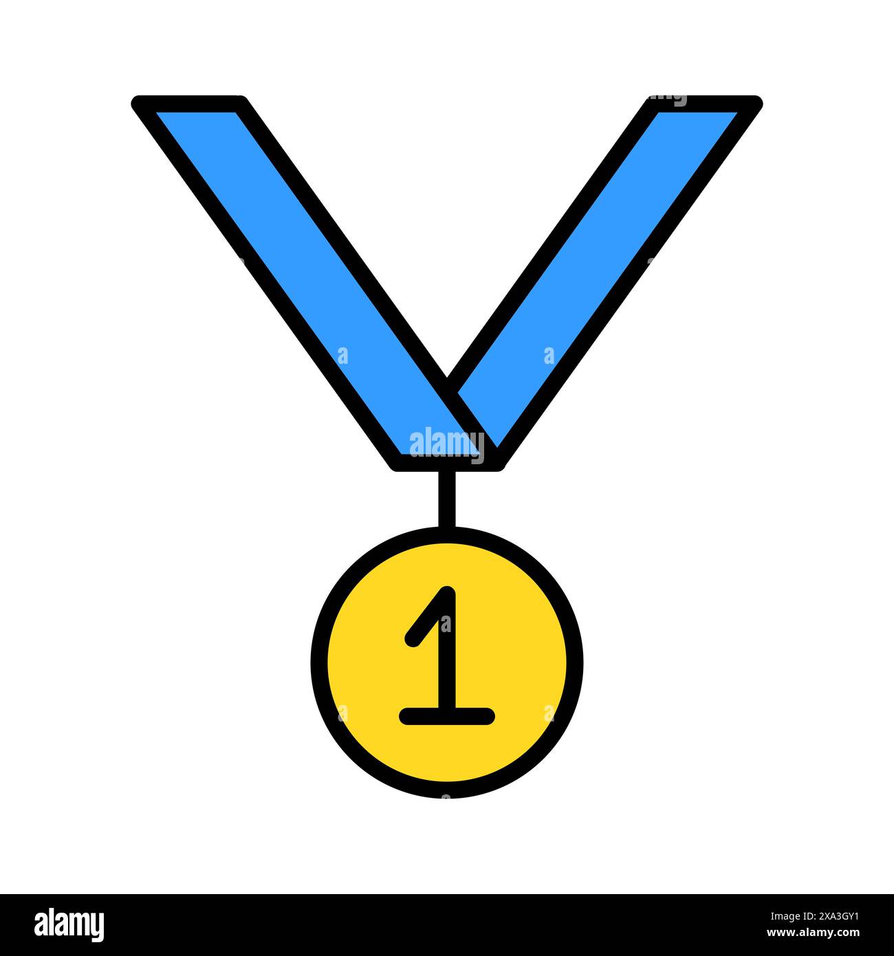 Medal set icon. Gold medal, blue ribbon, number one, award, achievement ...