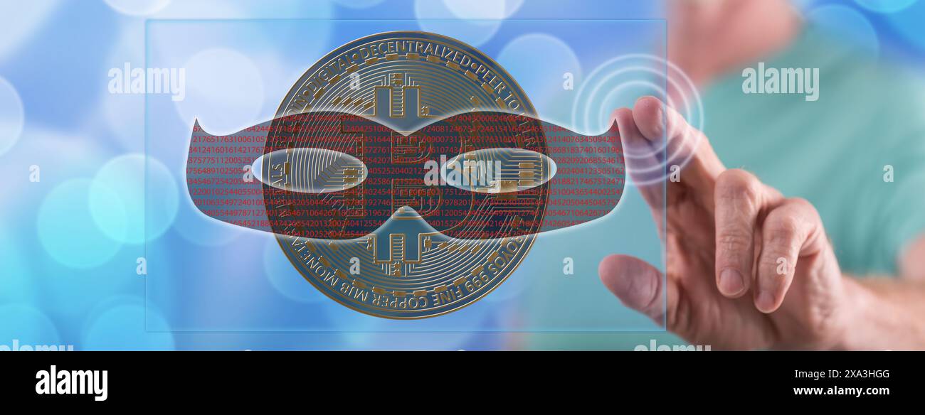 Man touching a bitcoin hacking concept on a touch screen with his ...