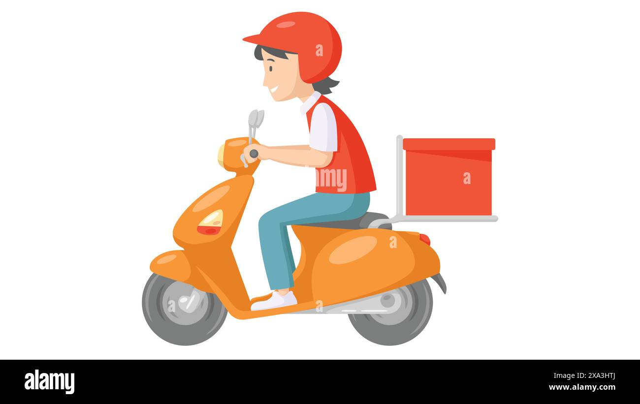 Delivery boy riding scooter with delivery box in red uniform. food and ...
