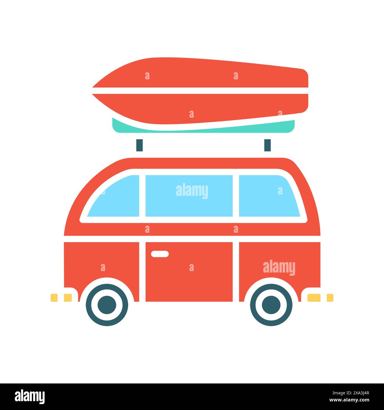 Camper van set icon. Red van, roof luggage, blue windows, travel, road ...