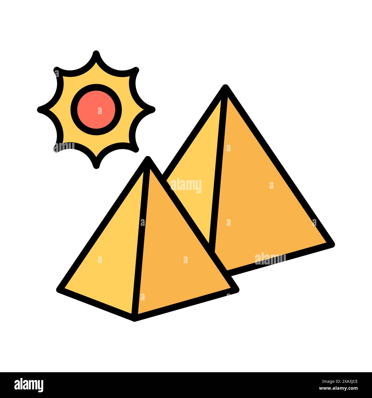 Pyramids set icon. Two yellow pyramids, sun, black outline, ancient ...