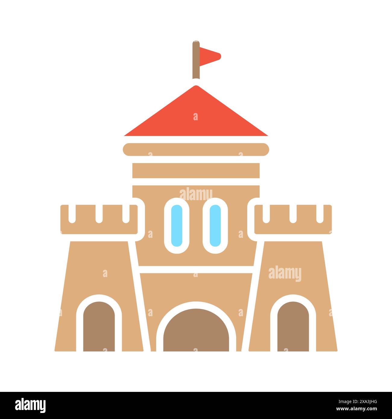 Castle set icon. Tan fortress, red roof, blue windows, medieval ...