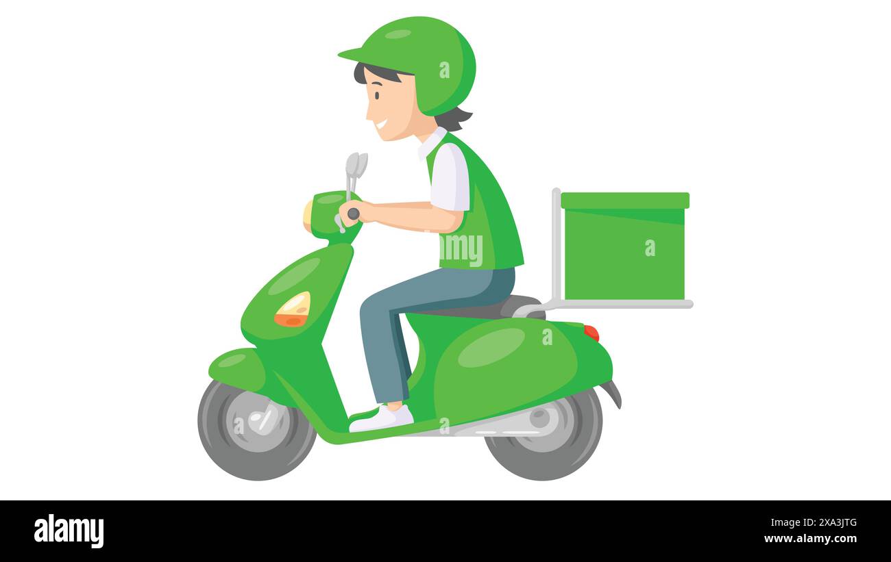 Delivery boy riding scooter with delivery box in green uniform. concept ...