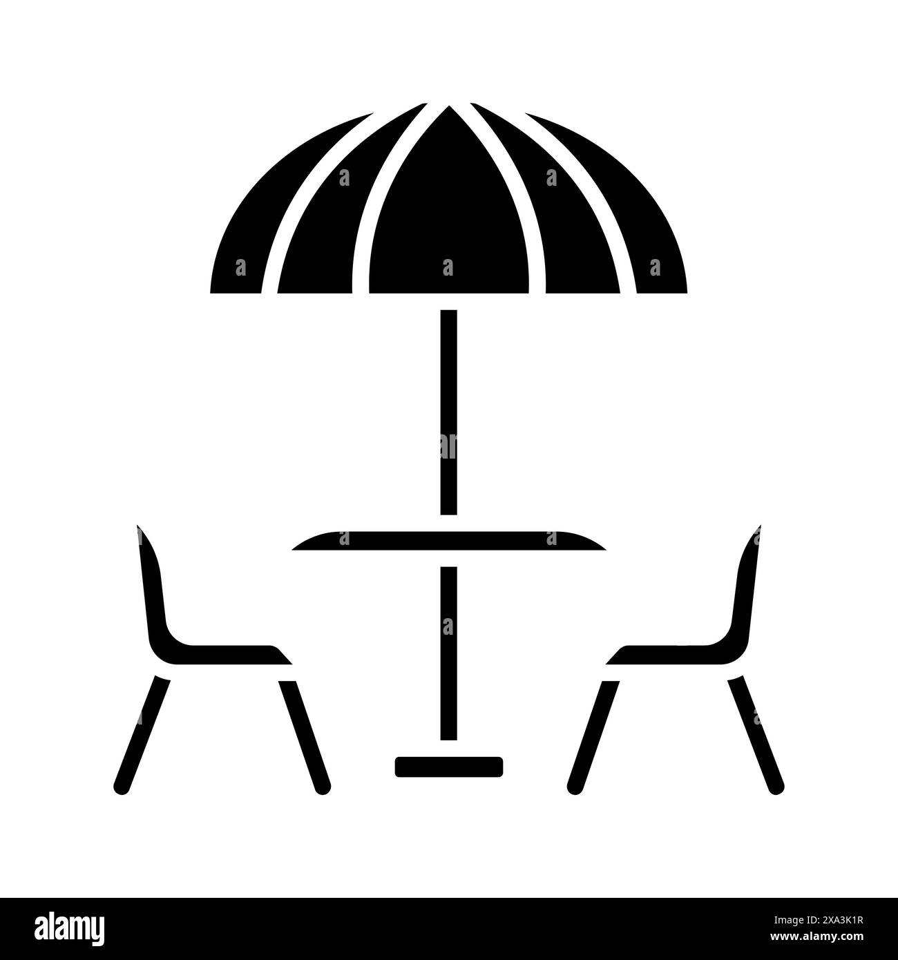 Outdoor cafe set icon. Table with umbrella, two chairs, red and green ...