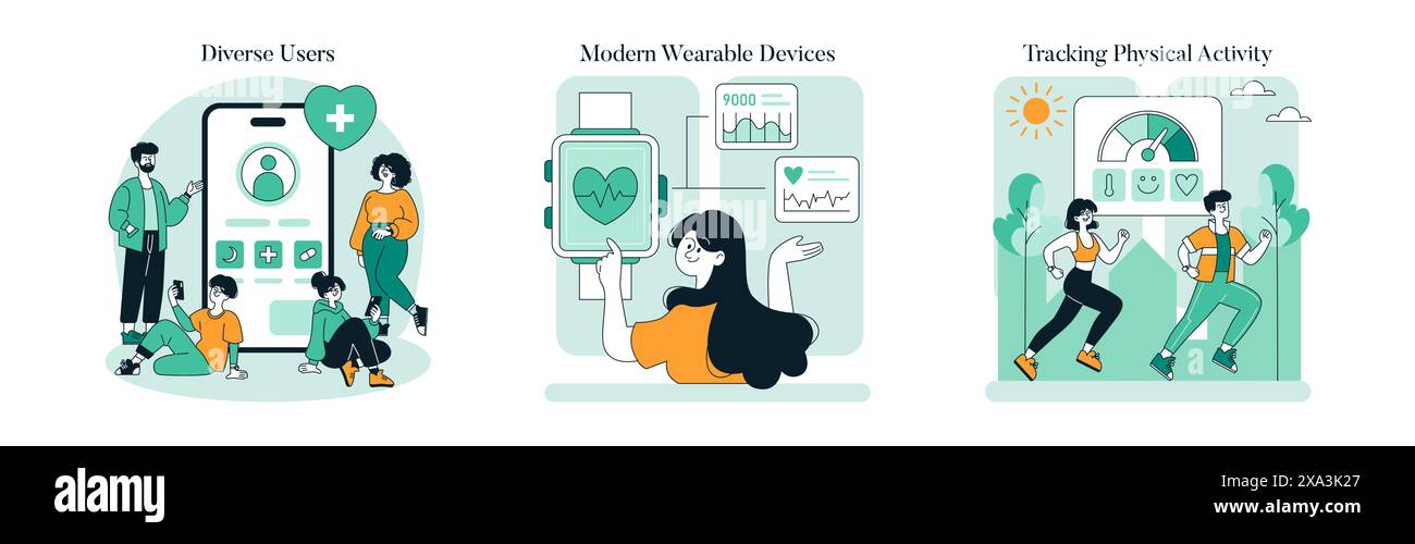Wellness Monitoring set. Illustrations showing health tracking features ...