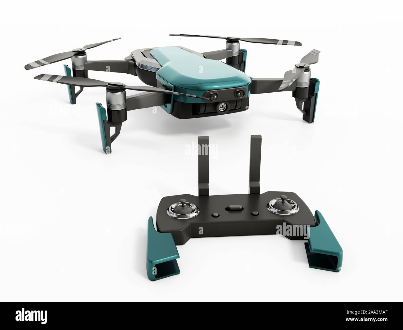 Multi rotor drone and remote control isolated on white background. 3D ...