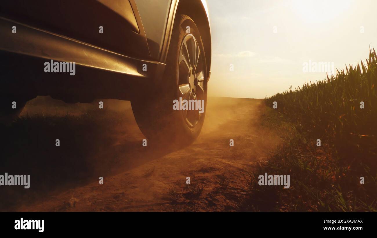 Car driving on countryside dirt road, low angle view with selective ...