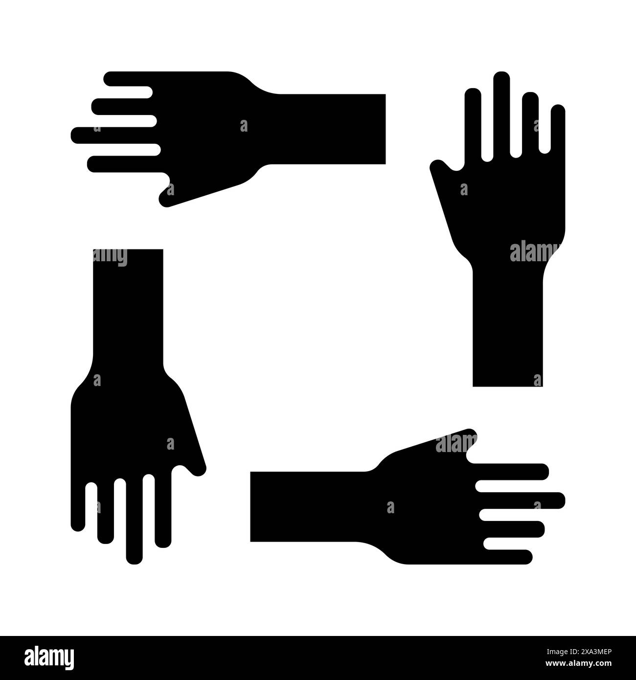 Teamwork icon. Four hands in a square, collaboration, unity ...