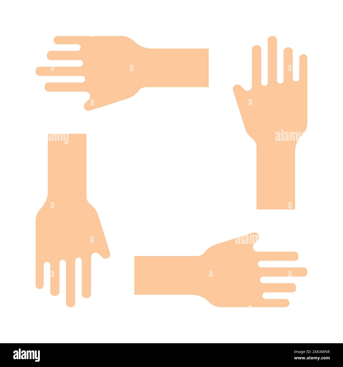 Teamwork icon. Four hands in a square, collaboration, unity ...