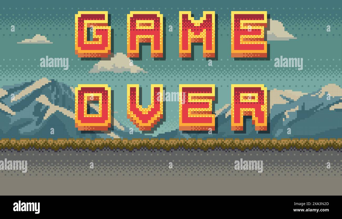 Game over Pixel art design with mountain landscape background. Colorful ...