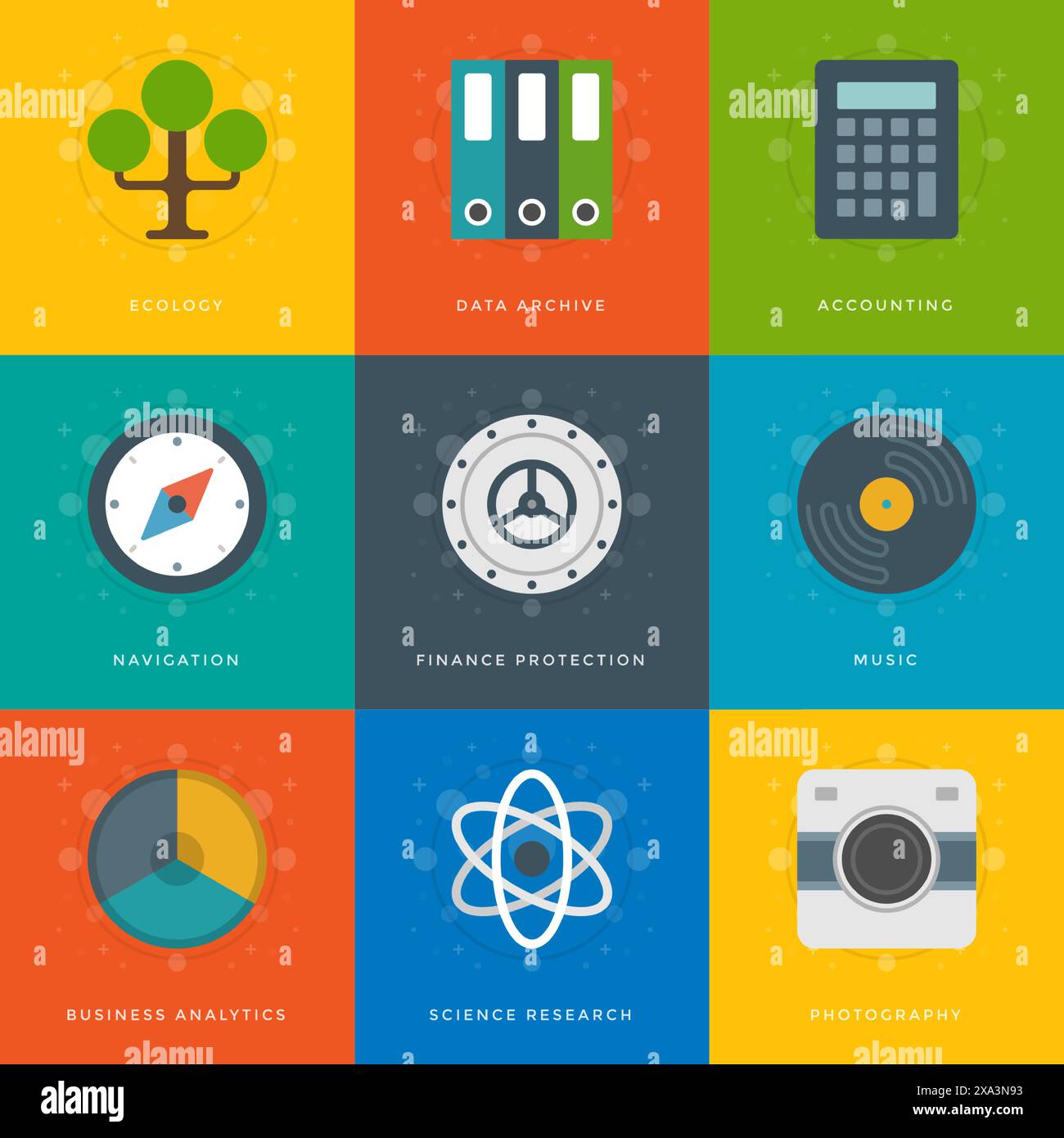 Flat design icons, Tree, Safe Door, Science, Compass, Photo Camera ...