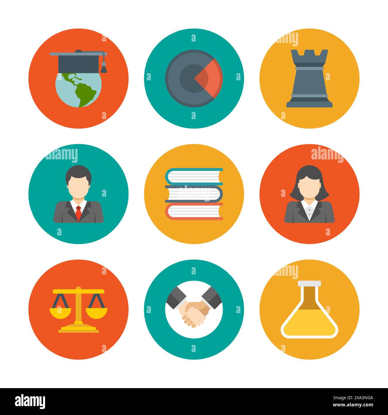 Flat design icons, Business Man, Business Woman, Globe, Chess, Scales ...