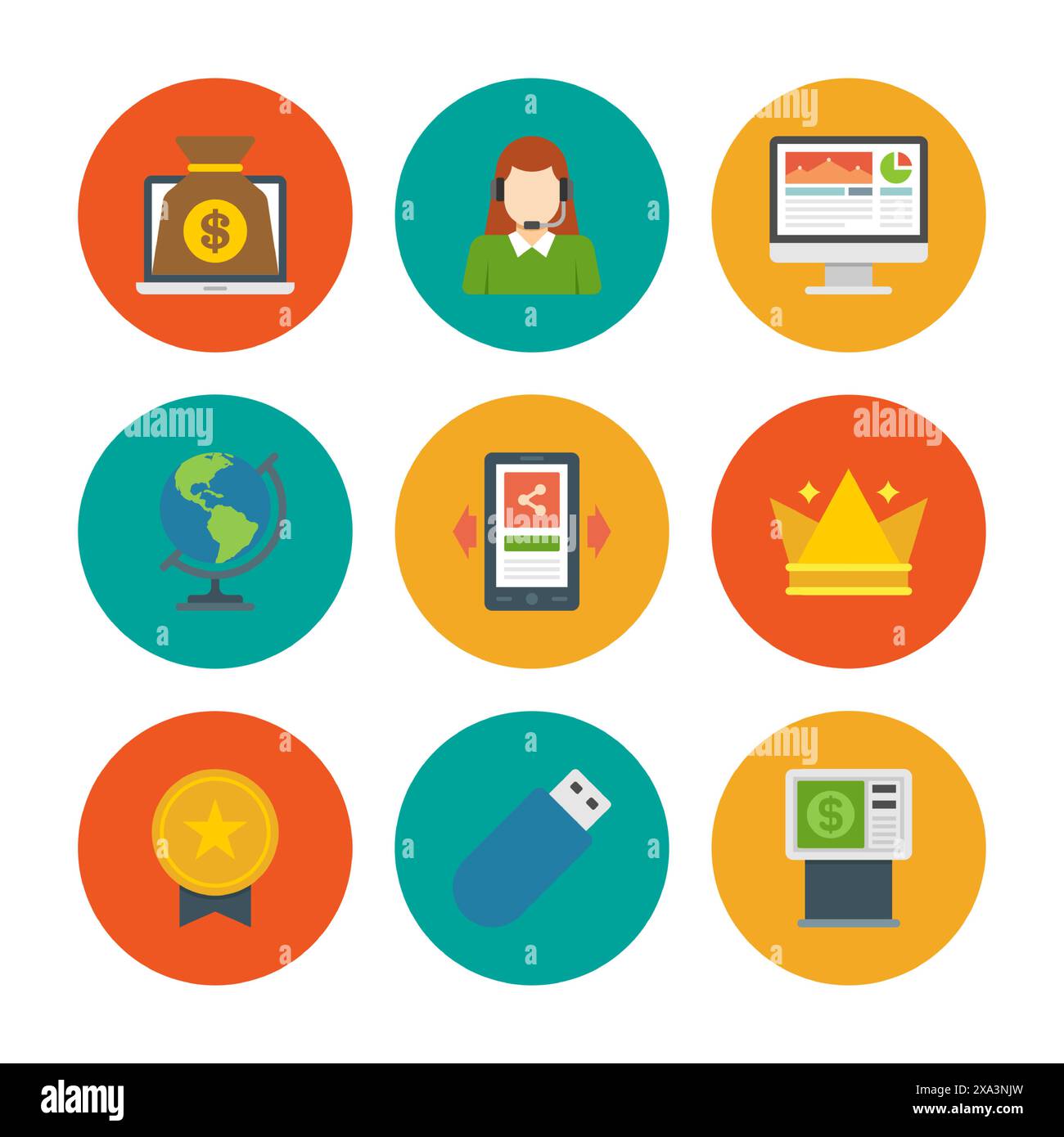 Flat design icons, Online Banking, Laptop Computer, Support Woman ...
