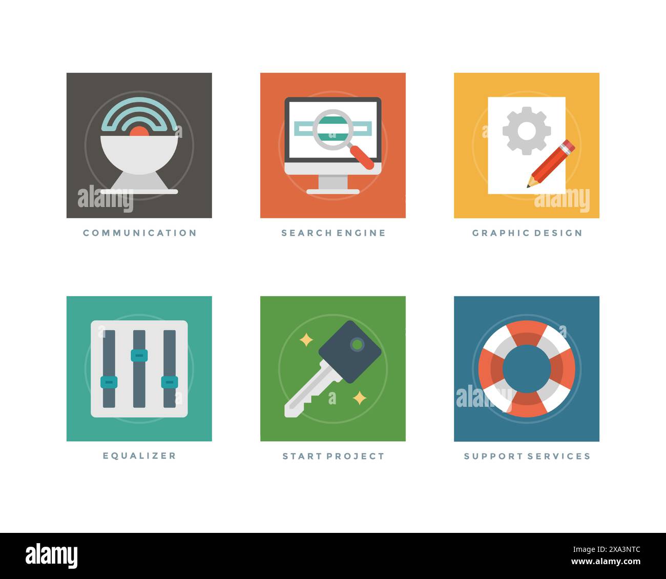 Business flat design icons, Satellite Communication, Search Engine ...