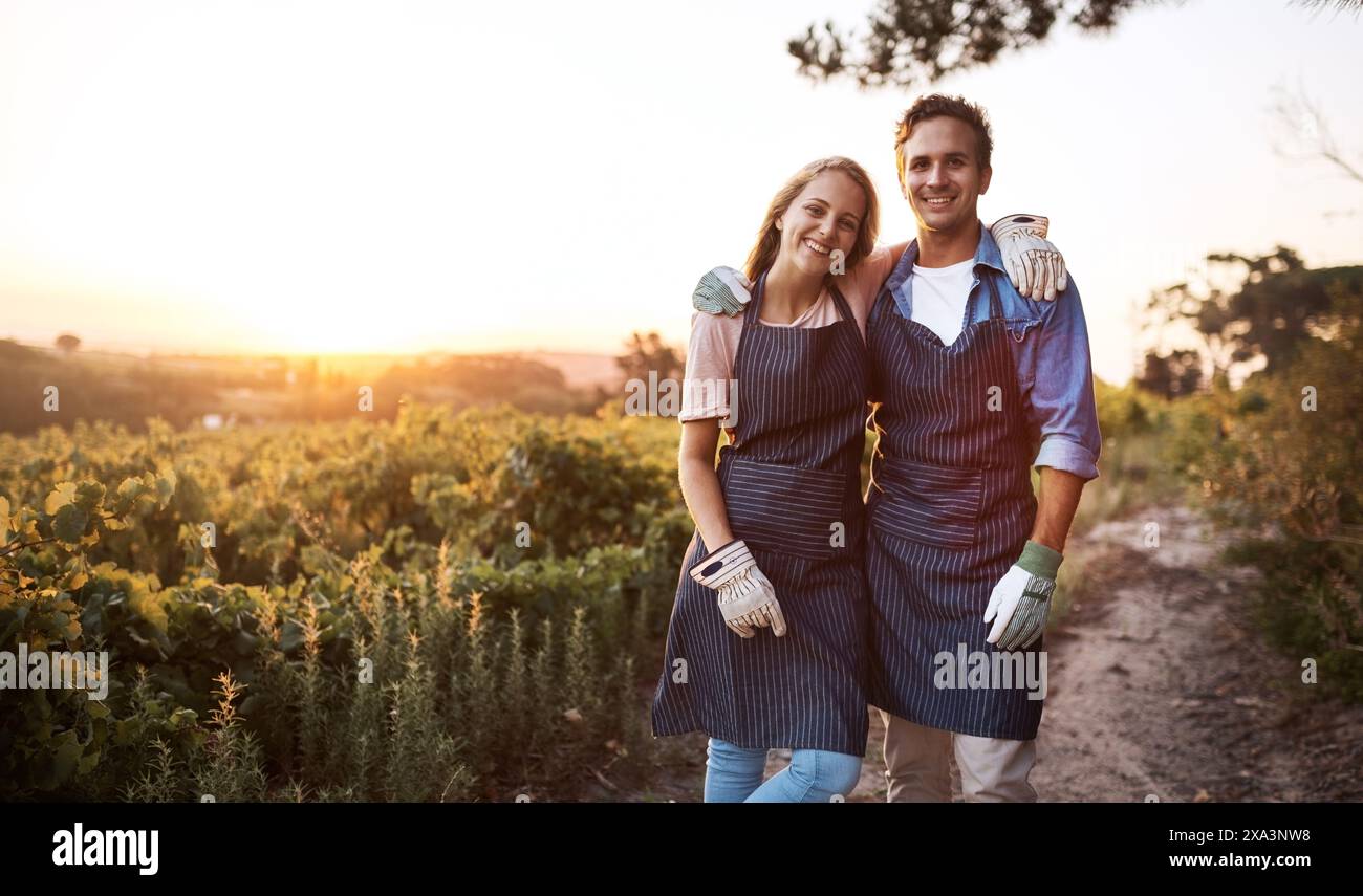 Love, portrait and smile with couple on farm for agriculture, growth ...