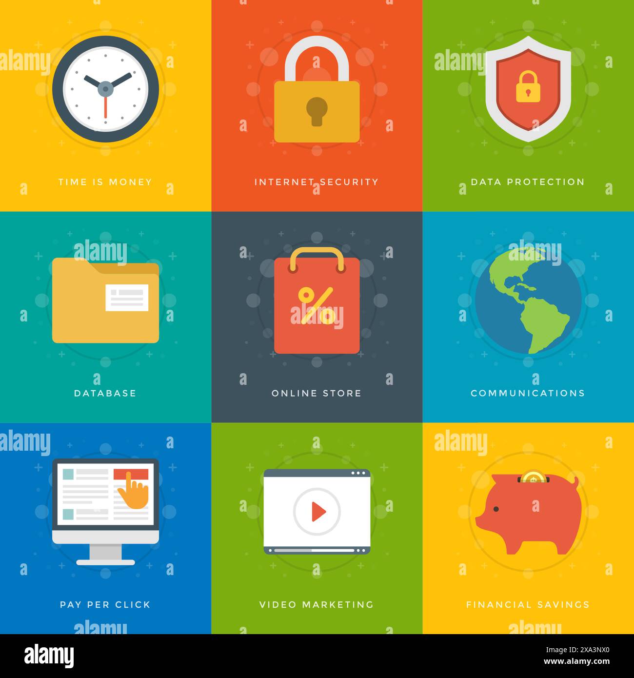 Flat design icons, Lock Security, Online Shopping, Clock, Shop Bag ...