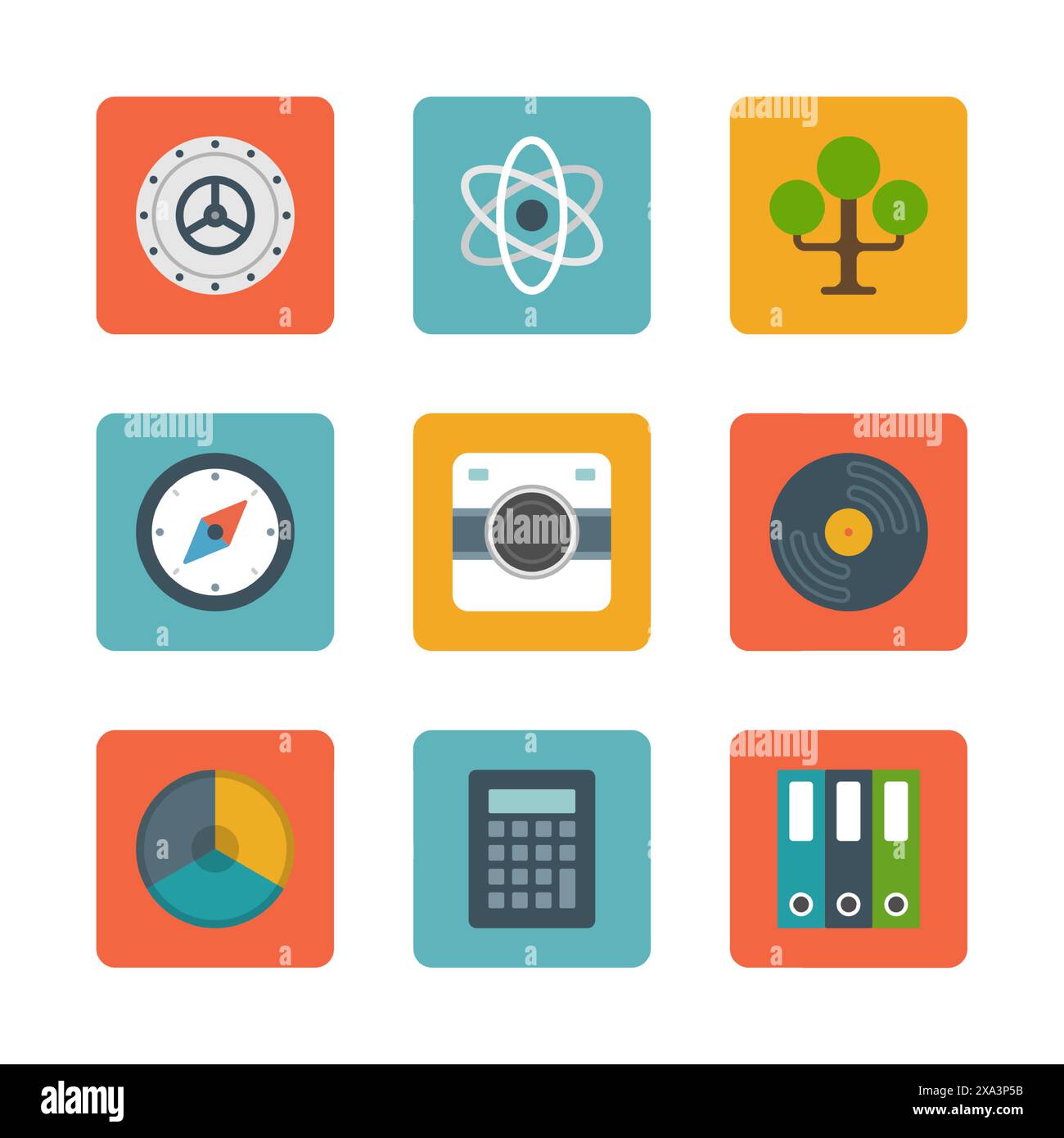 Flat design icons, Tree, Safe Door, Science, Compass, Photo Camera ...