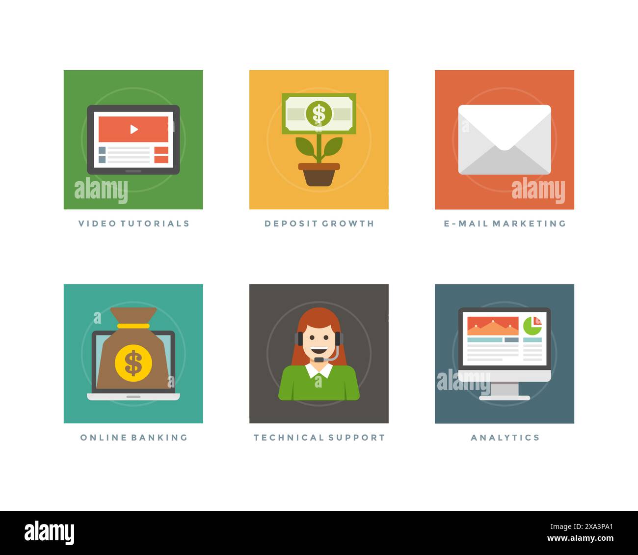 Business flat design icons, Video Tutorials, Deposit Growth, E-mail ...